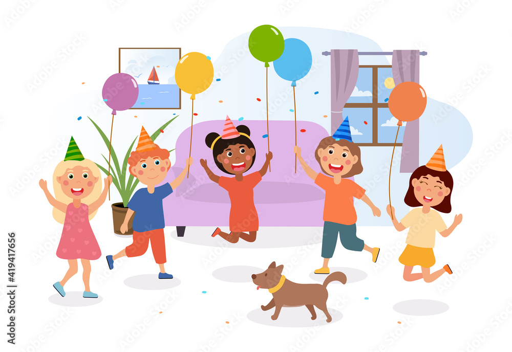 Vetor de Happy children having fun at the party. Smiling kids jumping ...