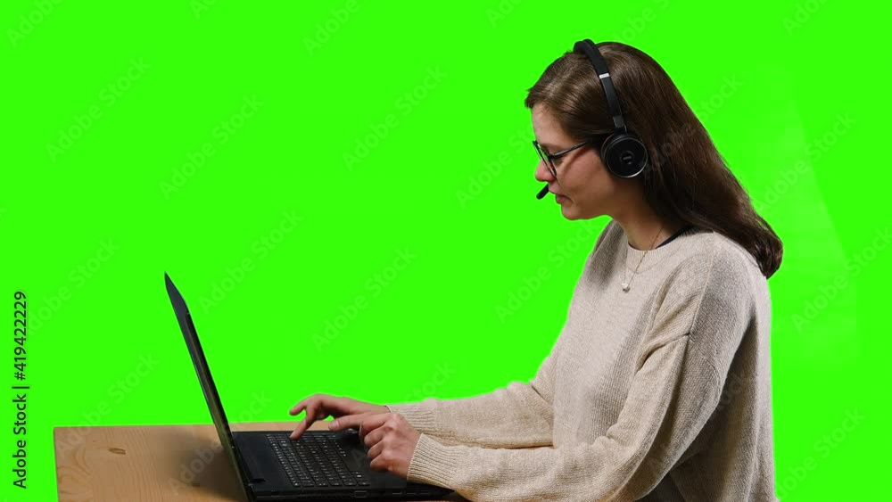 Call Center Female Agent Customer Service On Green Screen, Profile ...