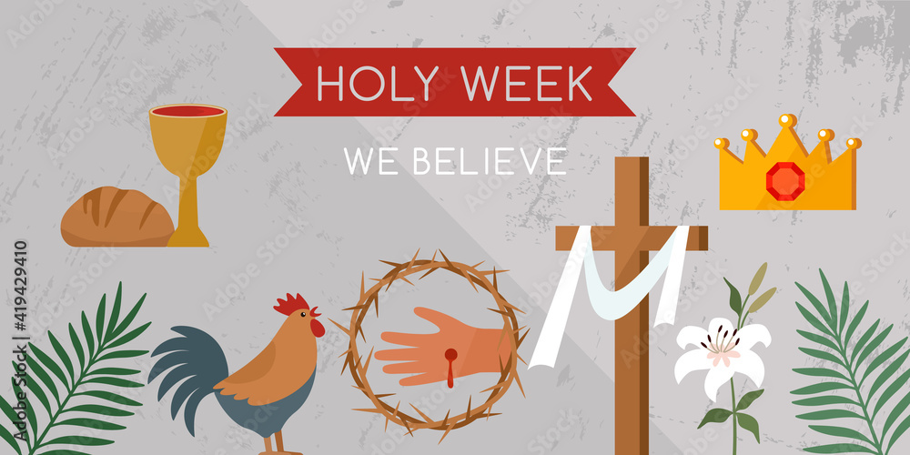 Holy week banner with a rooster, communion, palm branches, a wreath of ...