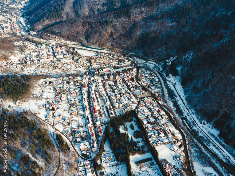 Aerial landscape of Sinaia, for a mountain getaway or a winter vacation ...