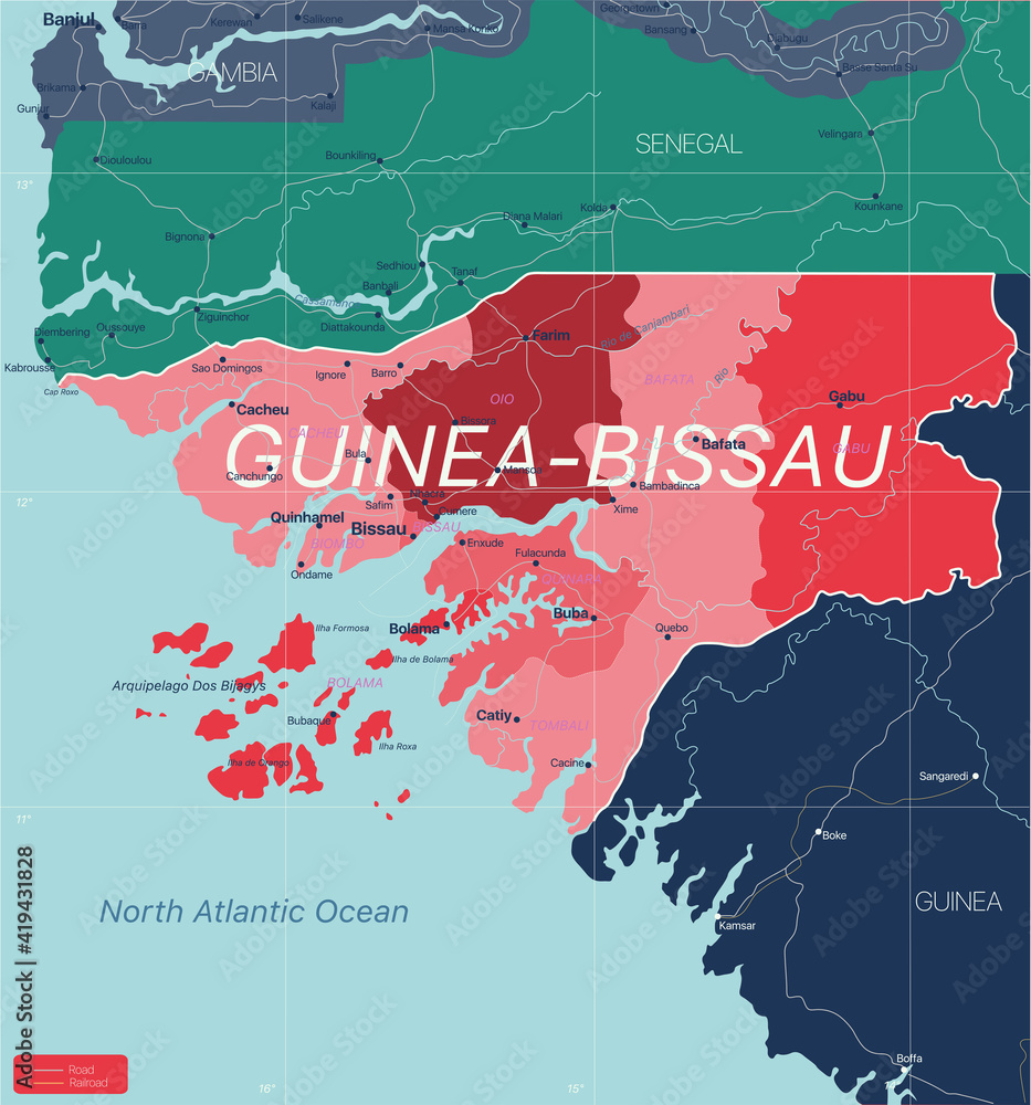 Guinea-Bissau country detailed editable map with regions cities and ...