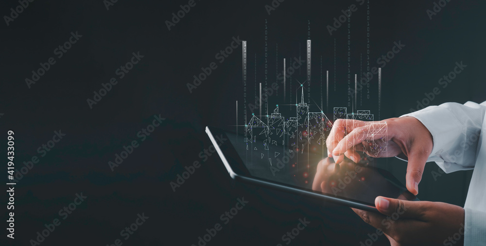 Smart city technology concept. Business hand holding digital tablet low ...