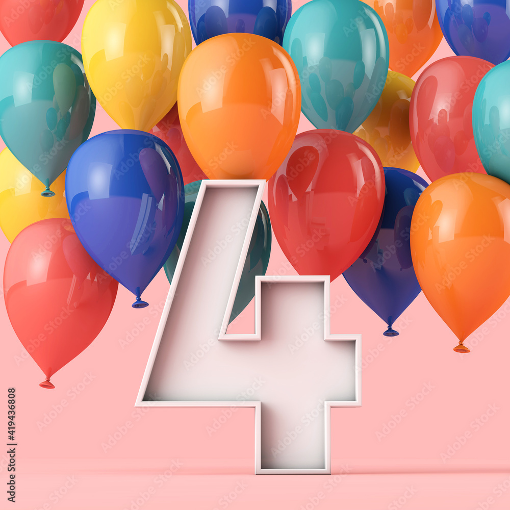 Happy 4th birthday background with colourful balloons. 3D Rendering ...