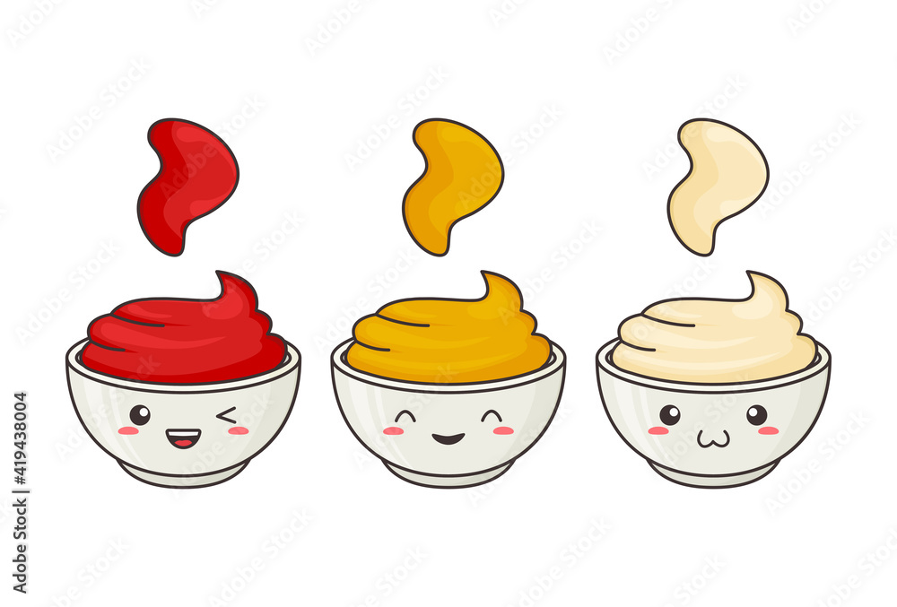 Sauce kawaii, vector funny character bowl. Ketchup, mustard, mayonnaise ...