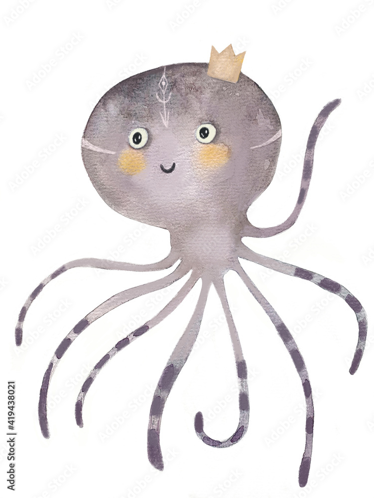 Octopus girl cute character illustration clip art. Watercolor hand ...
