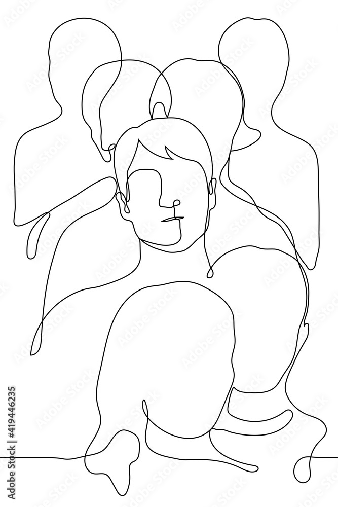 face of a man in a crowd - one line drawing. detailed human face among ...