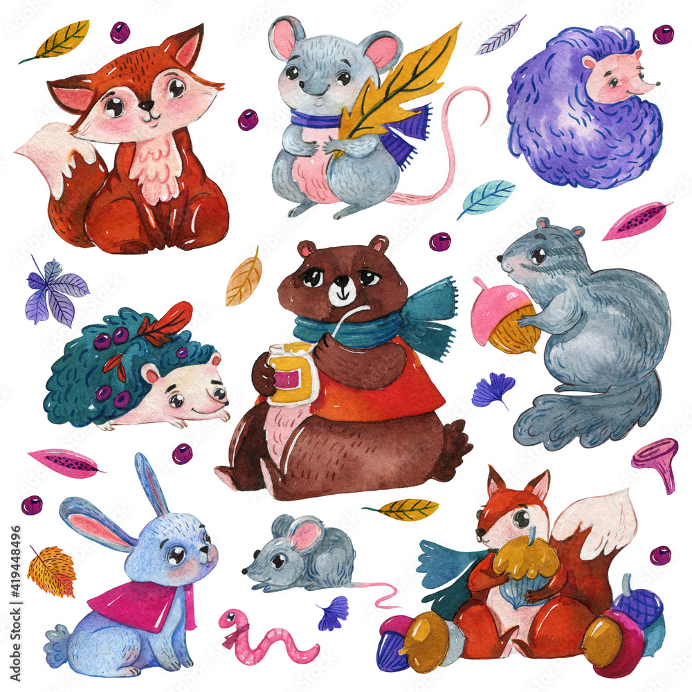 Watercolor set with forest animals and plants in a cartoon style. Hand ...