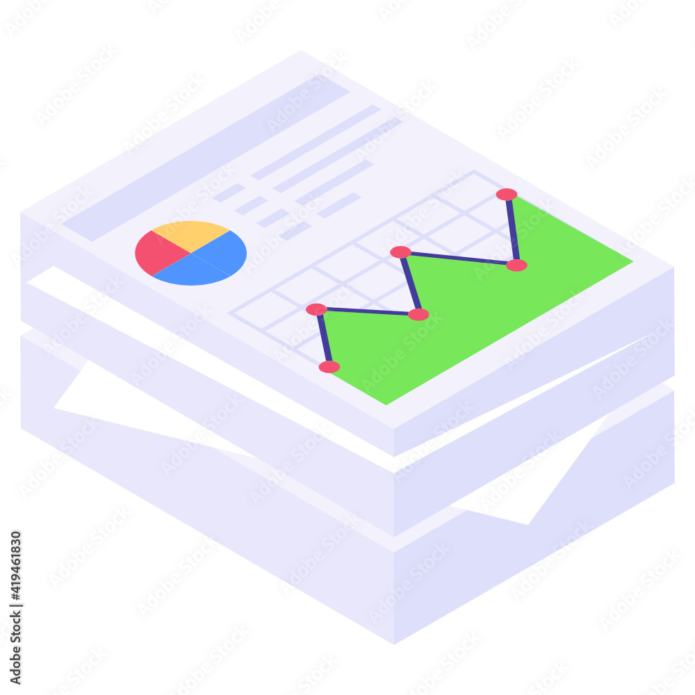 Papers with charts and graphs denoting isometric icon of business ...