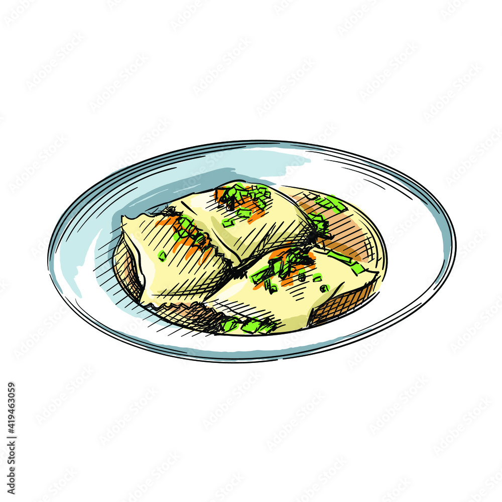 Colorful watercolor Hand drawn sketch of German German Maultaschen ...