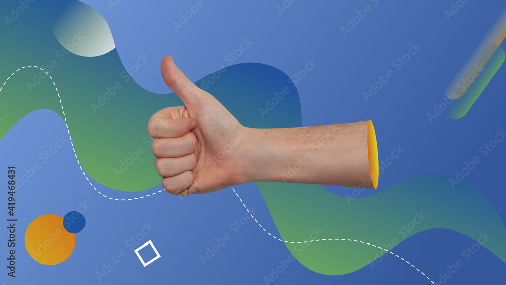 Conceptual contemporary art collage. Thumbs up concept represented with ...
