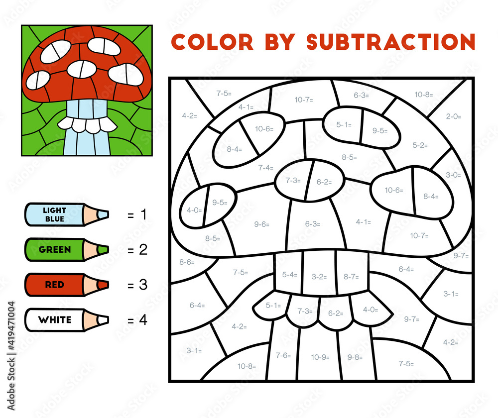 Color by subtraction, education game for kids, Amanita mushroom Stock ...