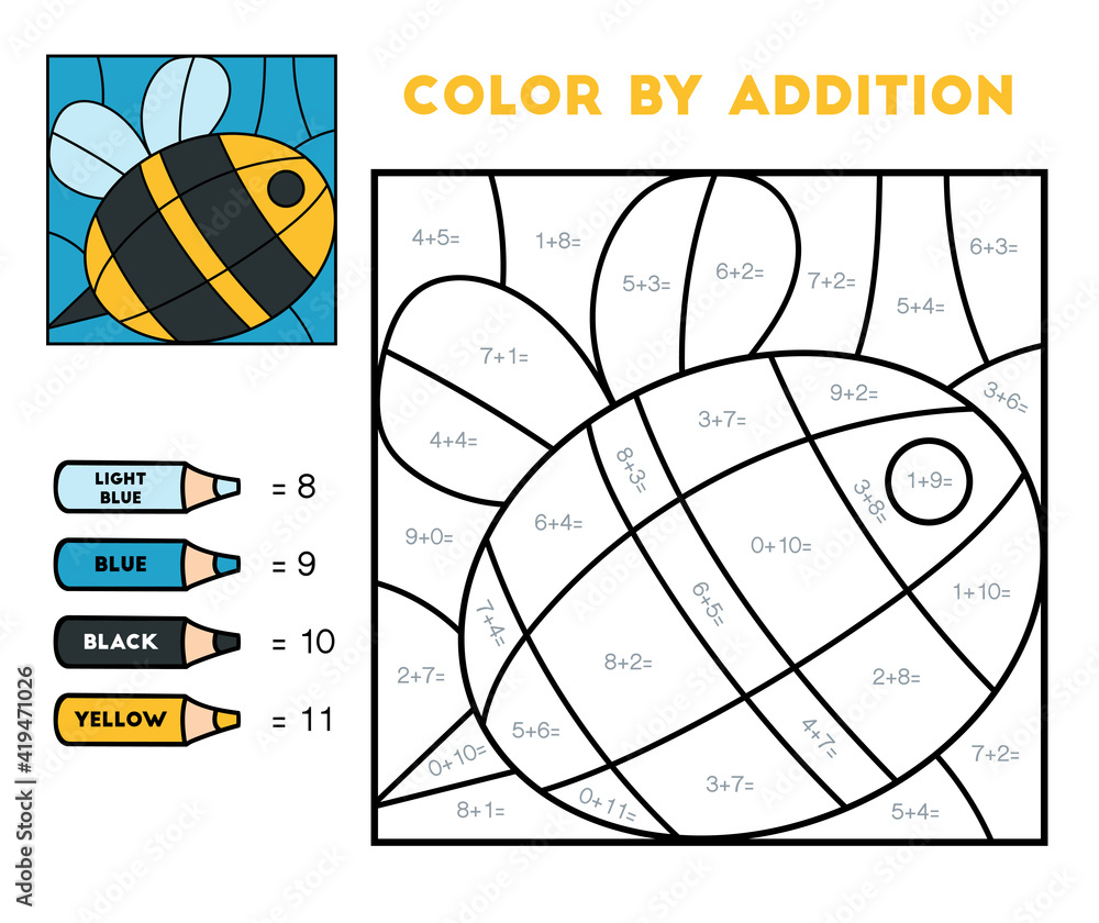 Color by addition, education game for kids, Bee Stock Vector | Adobe Stock
