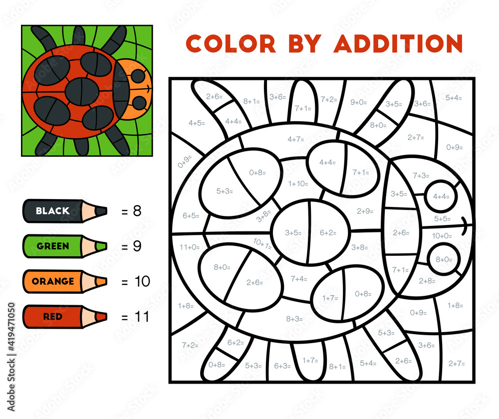 Color by addition, education game for kids, Ladybug Stock Vector ...