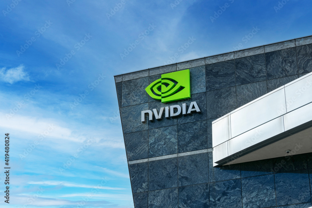 NVIDIA sign, logo on headquarters campus in Silicon Valley. - Santa ...