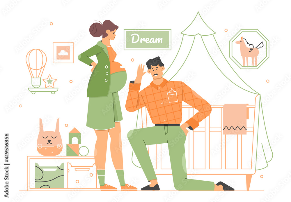 Young couple of future parents in the room for the newborn. Pregnant ...