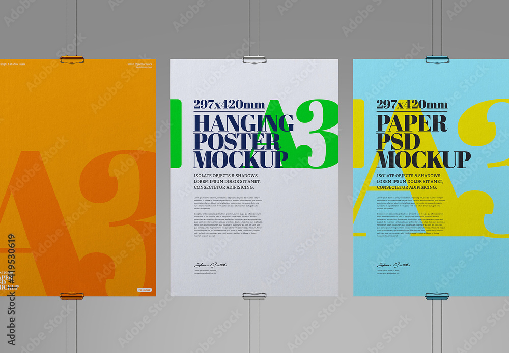 Hanging Mockup - A3, Poster, Clipboard Clip, Set Stock Template | Adobe ...
