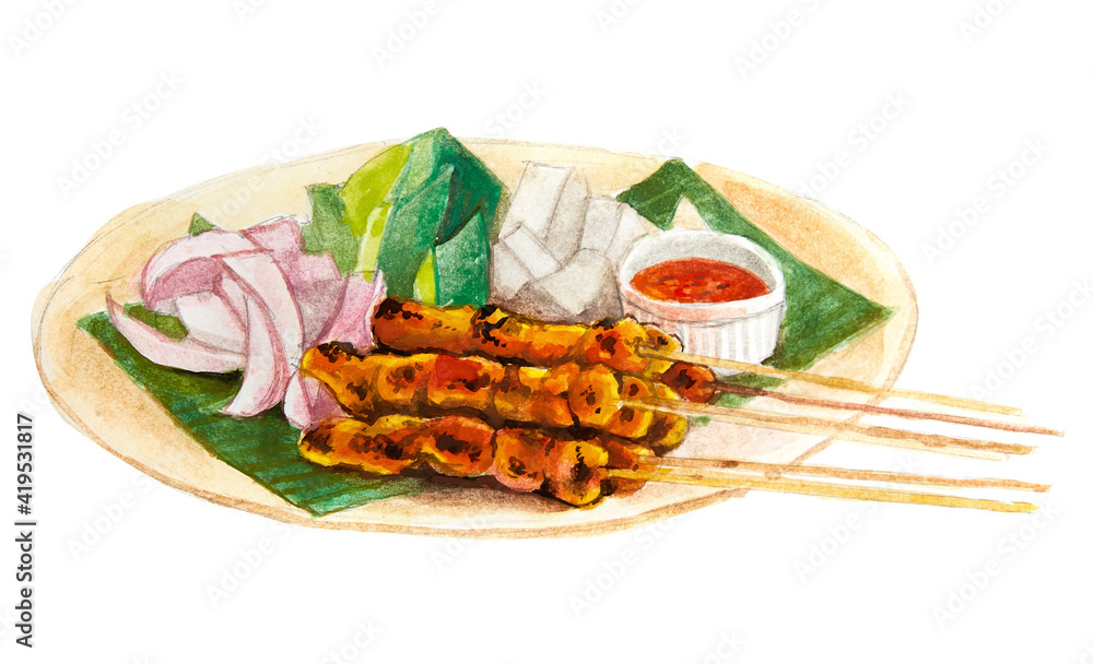 Malaysian chicken satay with delicious peanut sauce isolated on white ...