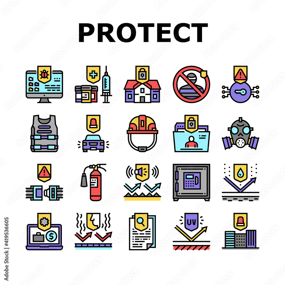 Protect Technology Collection Icons Set Vector. Smell And Noise, Uv And ...