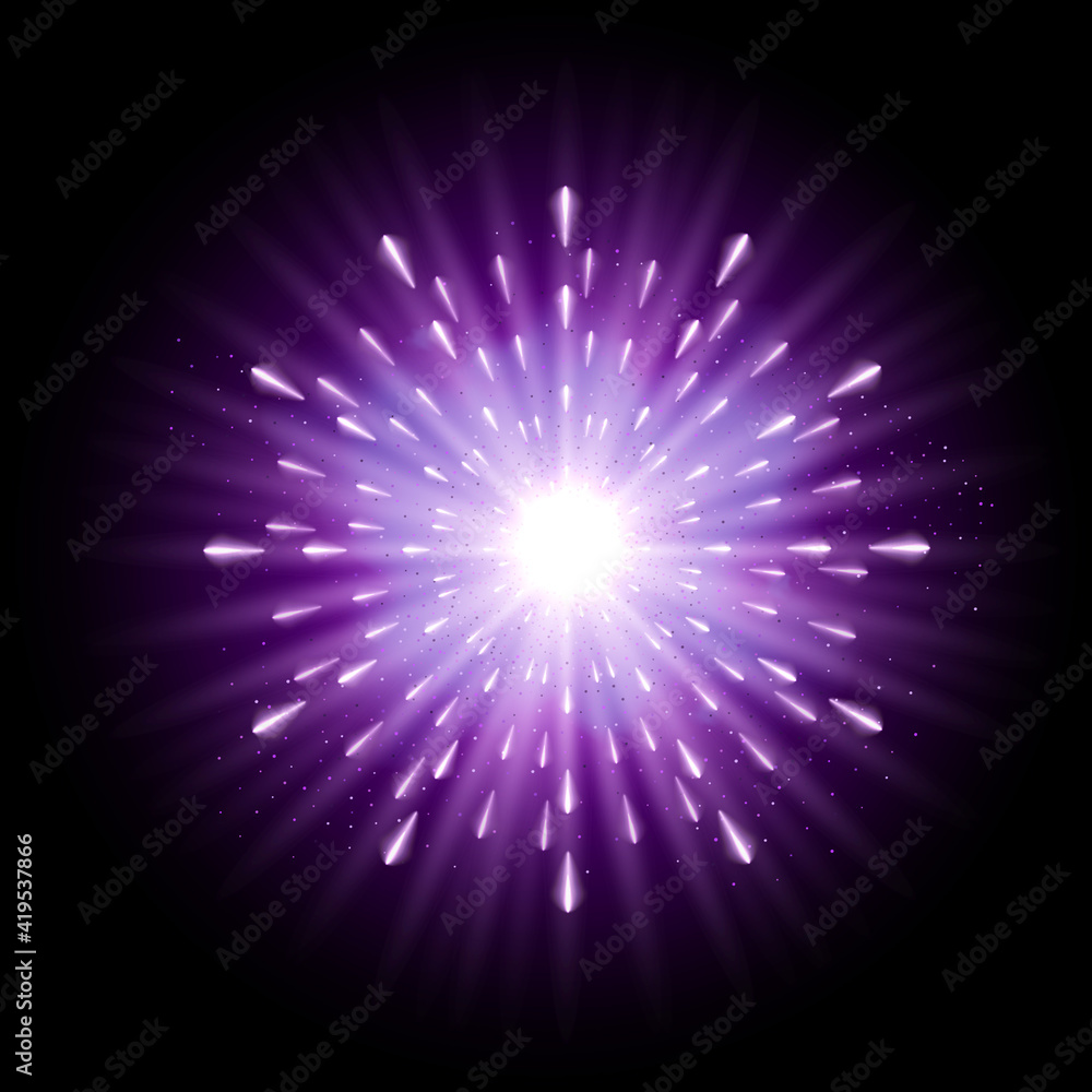 Purple burst with sparkle rays and lens flare effect. Glowing stars ...