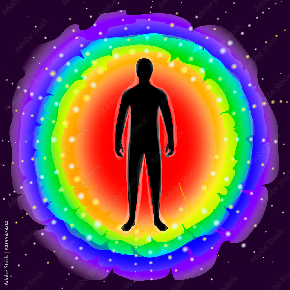 The aura of the body. Rainbow color marked layers of the male body ...
