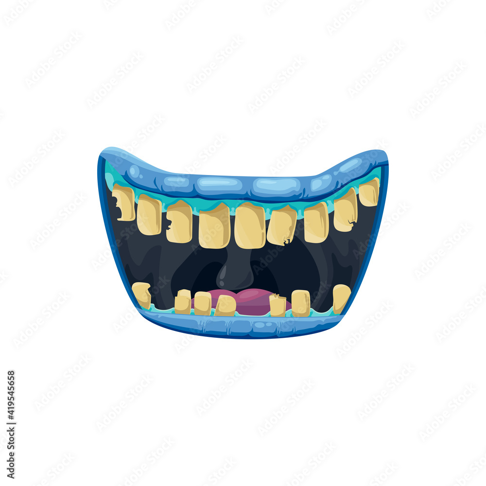 Monster mouth vector icon, creepy zombie jaws with broken yellow teeth ...