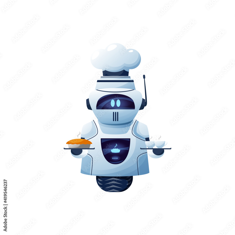 Cartoon robot chef, vector cyborg character in toque hold tray with ...