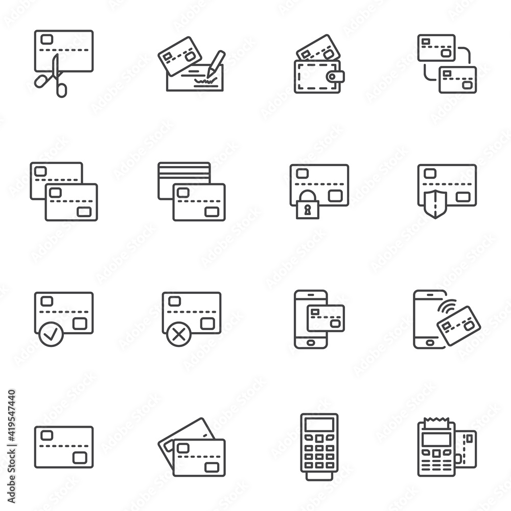 Credit card payment line icons set, outline vector symbol collection ...