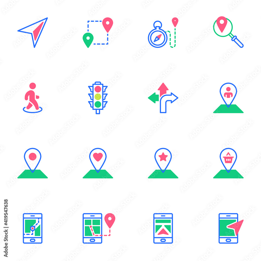 Smartphone gps navigator flat icons set, Colorful symbols pack contains ...