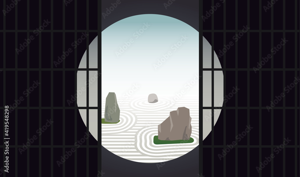 Japanese traditional karesansui: sand garden view from shoji round ...