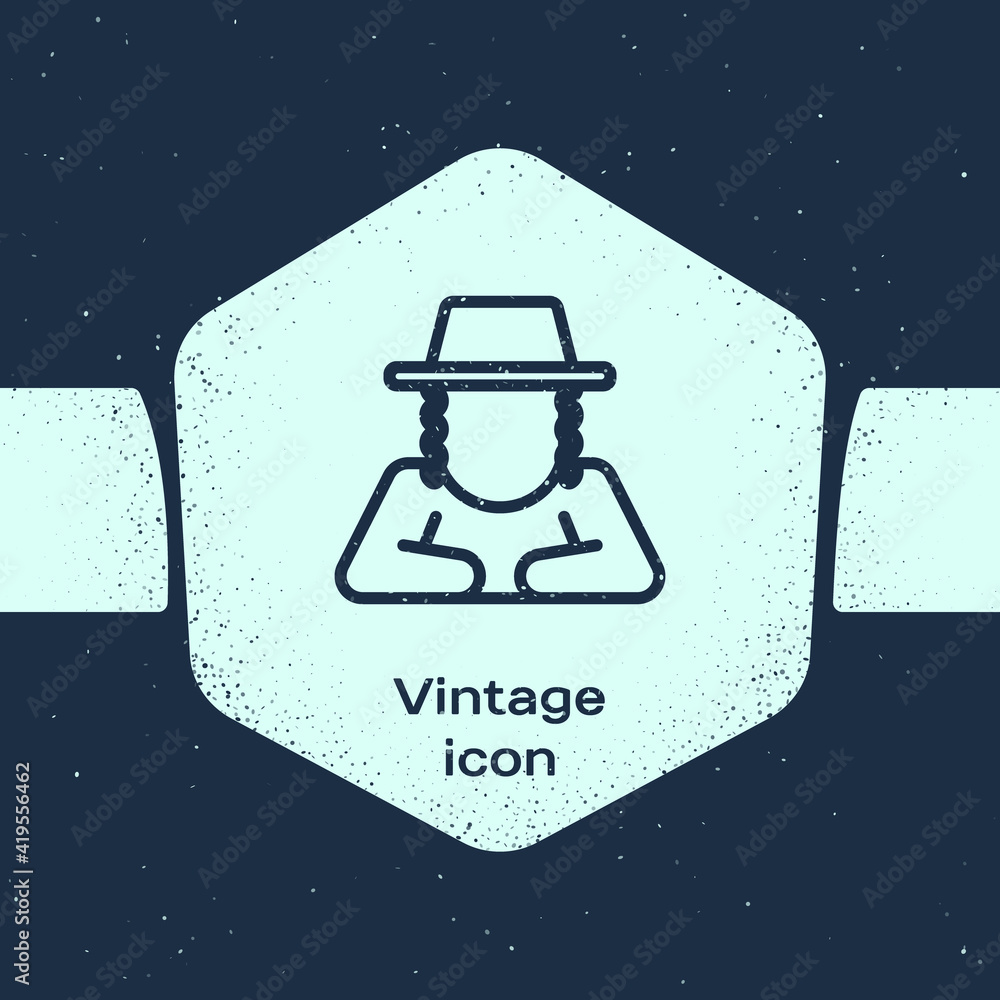Grunge line Orthodox jewish hat with sidelocks icon isolated on blue ...