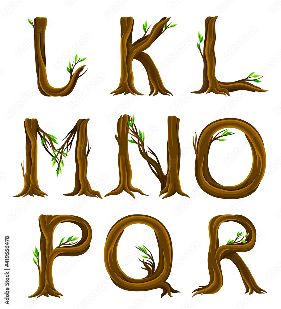 Forest Alphabet with Letters Arranged from Tree Trunks and Branches ...