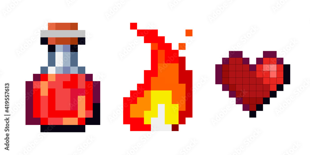 Set of vector pixel objects. Potion bottles, fire flame and heart. Objects for a pixel game ...