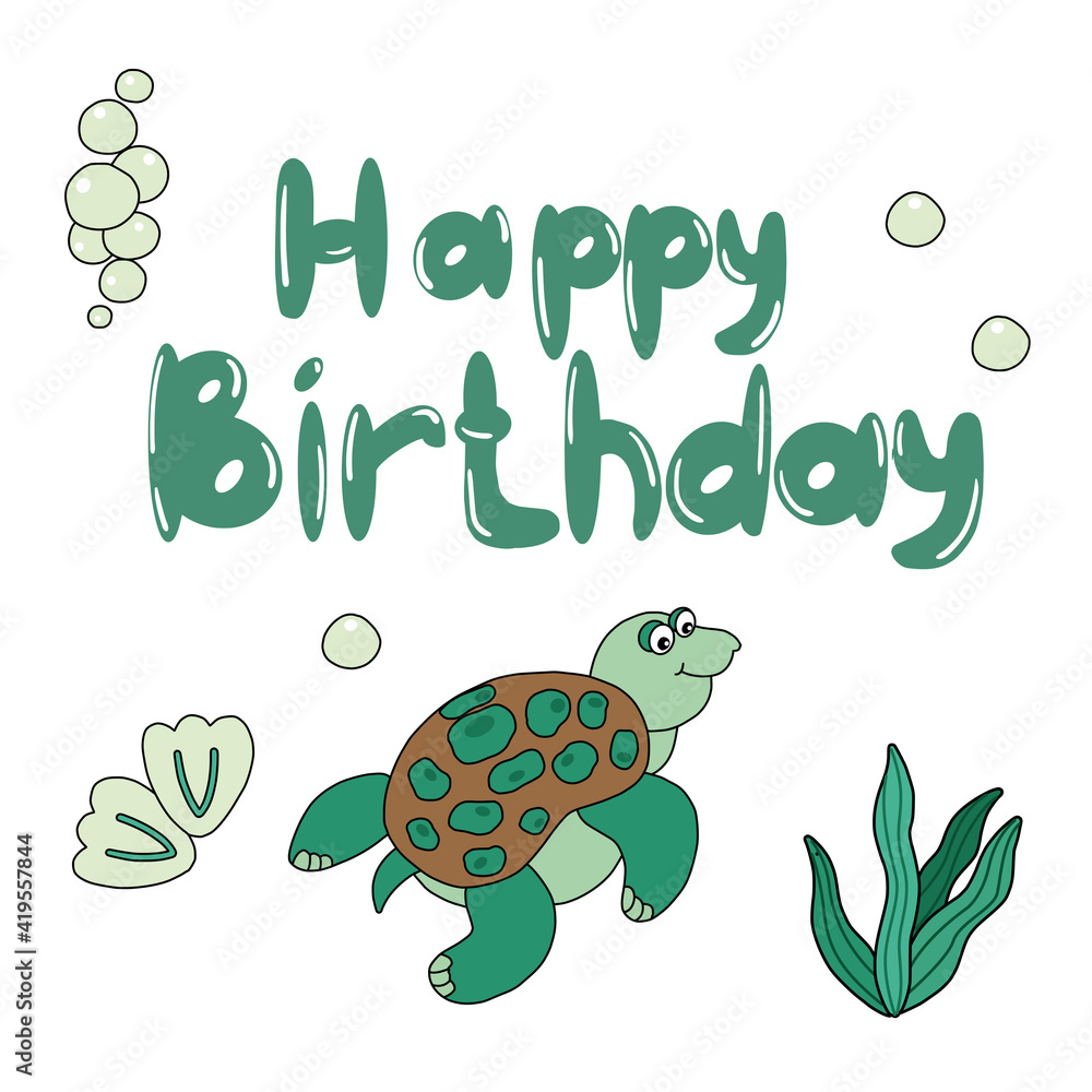 Birthdat vector card with sea turtle Stock Vector | Adobe Stock