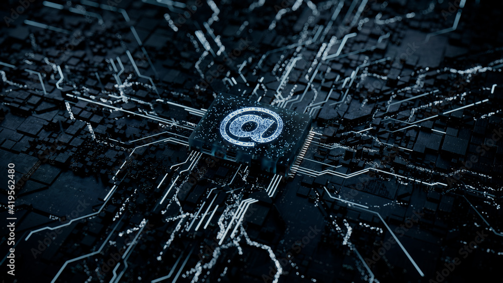 Email Technology Concept with @ symbol on a Microchip. Data flows from ...