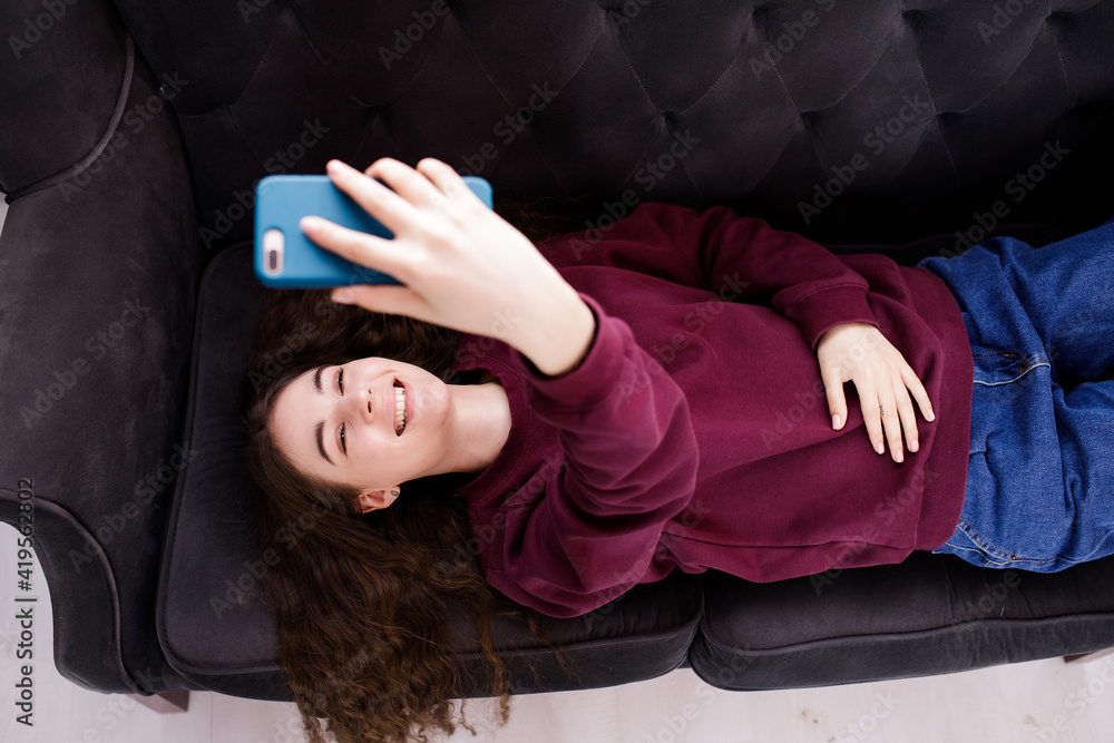 top view of teenage girl vlogger record video live broadcast on ...