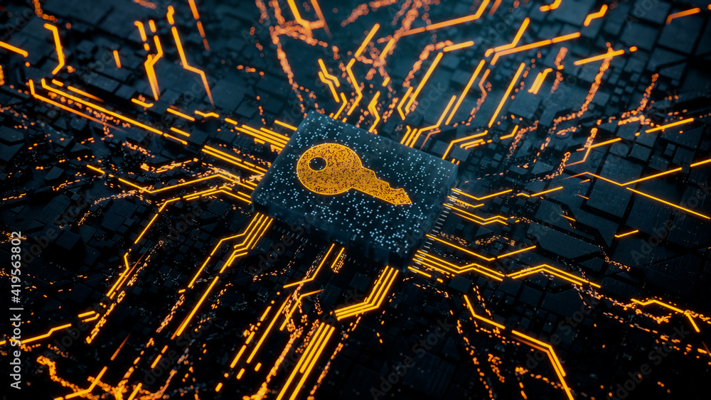 Security Technology Concept With Key Symbol On A Microchip Data Flows From The Cpu Across A