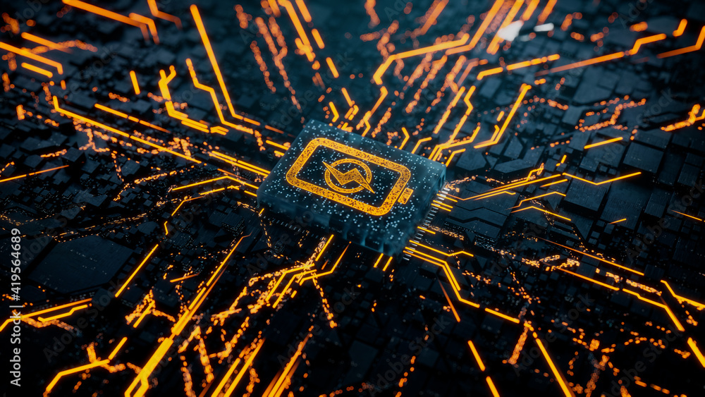 Energy Technology Concept with battery symbol on a Microchip. Data ...