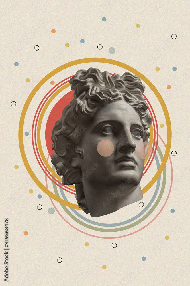 Art collage with antique sculpture of Apollo face and numbers ...