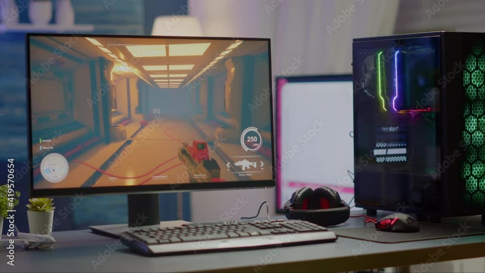 Professsional gaming empty room studio with neon lights and RGB ...