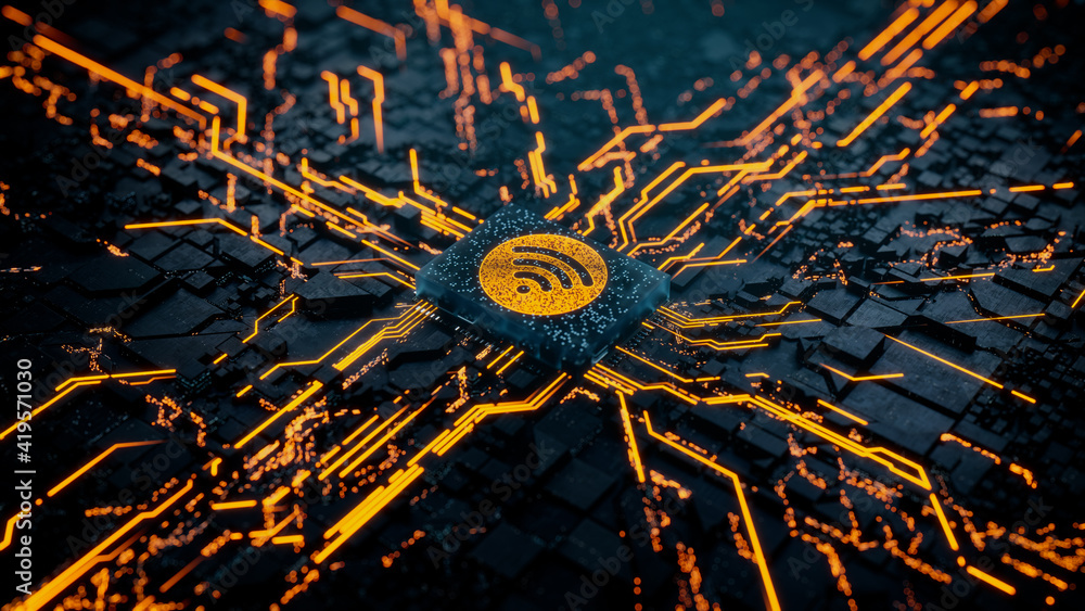Wireless Technology Concept with wifi symbol on a Microchip. Data flows ...