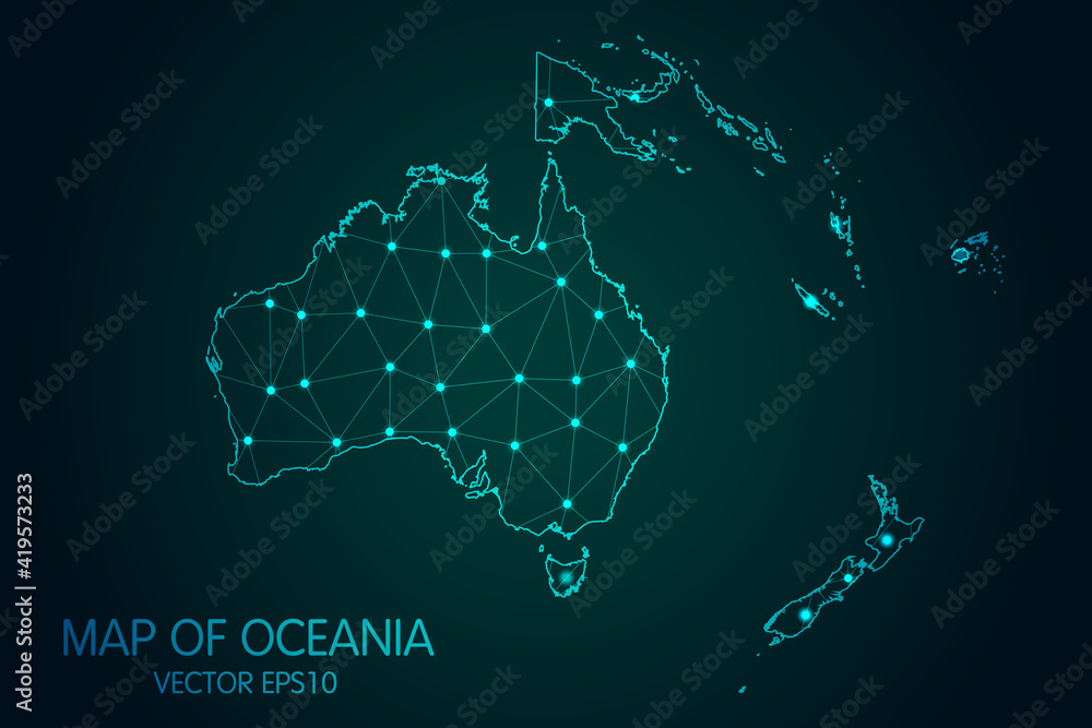 Map of Oceania - With glowing point and lines scales on the dark ...