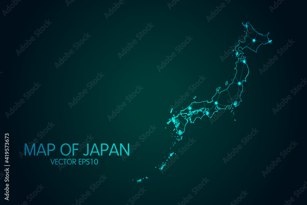 Map of Japan - With glowing point and lines scales on the dark gradient ...