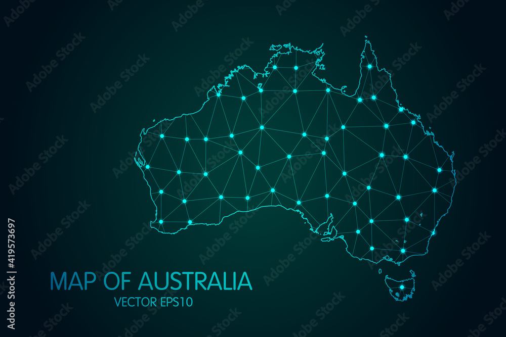 Map of Australia - With glowing point and lines scales on the dark ...