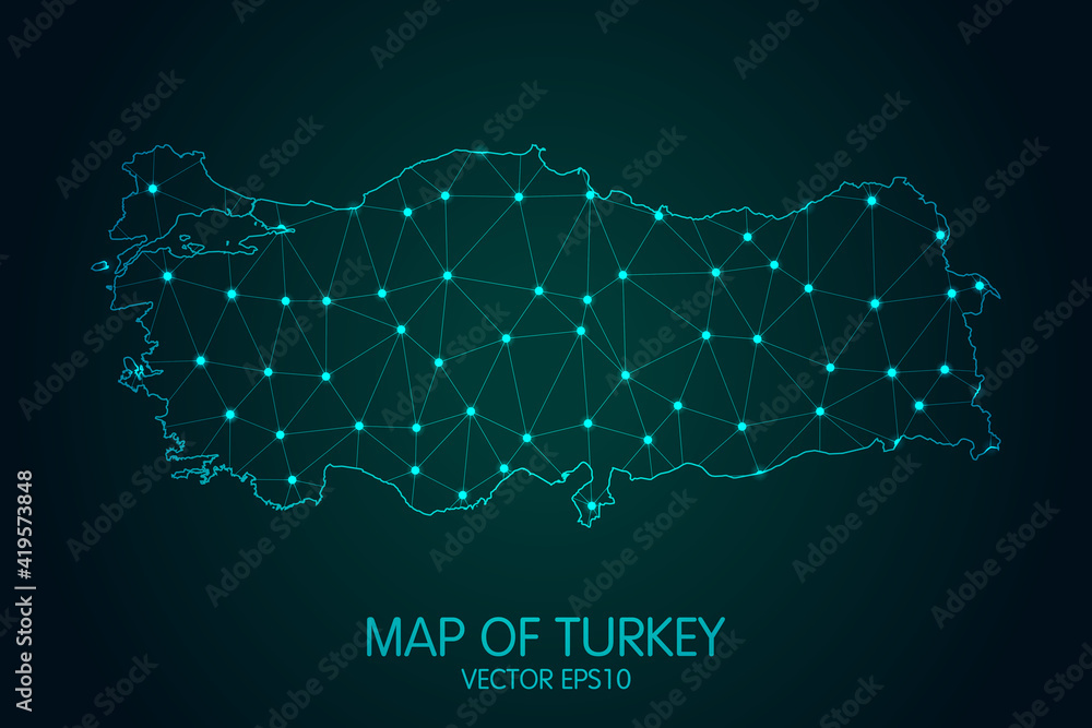 Map of Turkey - With glowing point and lines scales on The Dark ...