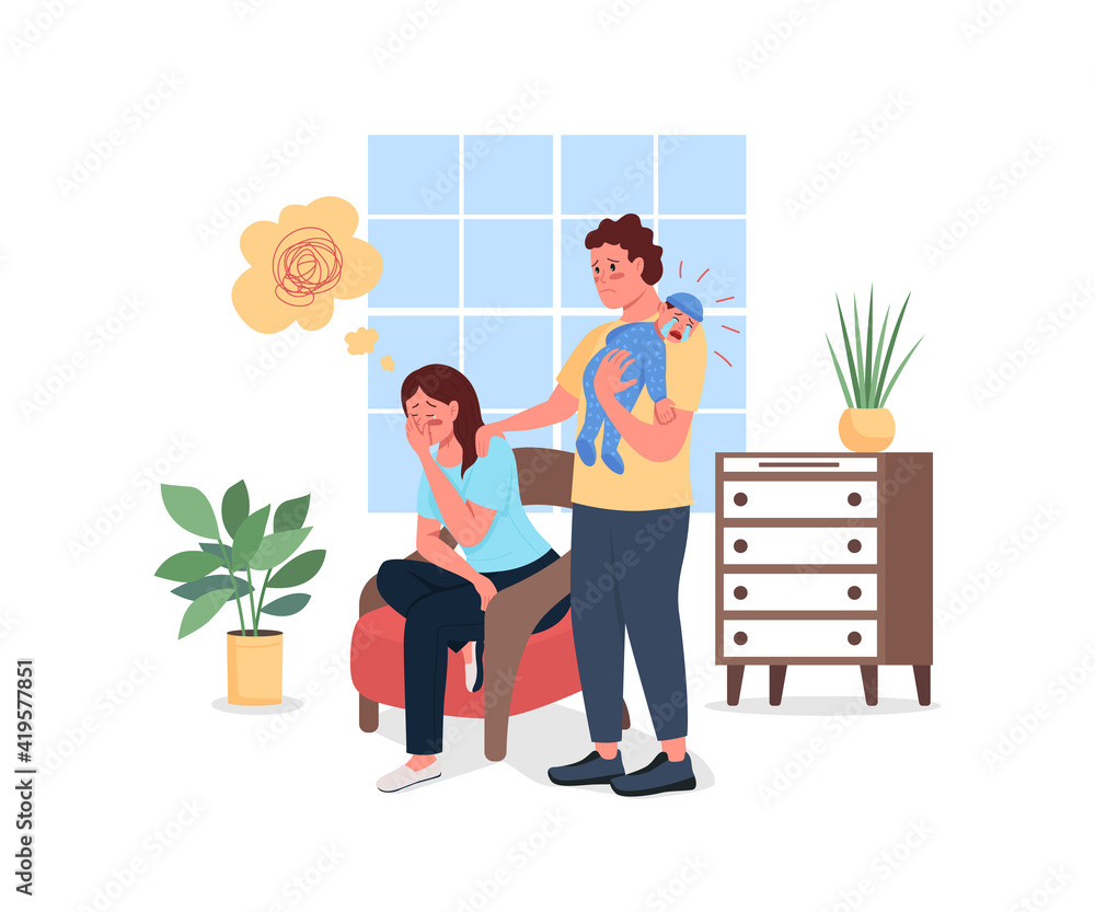 Depressed mother with husband and baby flat color vector detailed ...