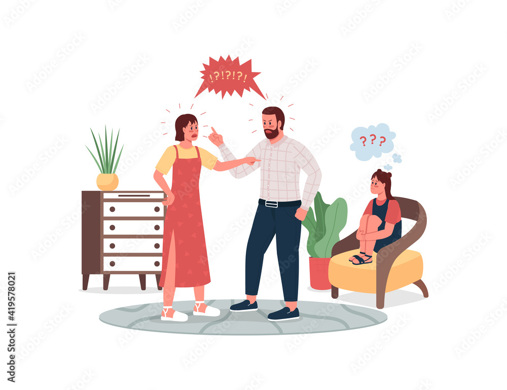 Arguing parents and upset child flat color vector detailed characters ...
