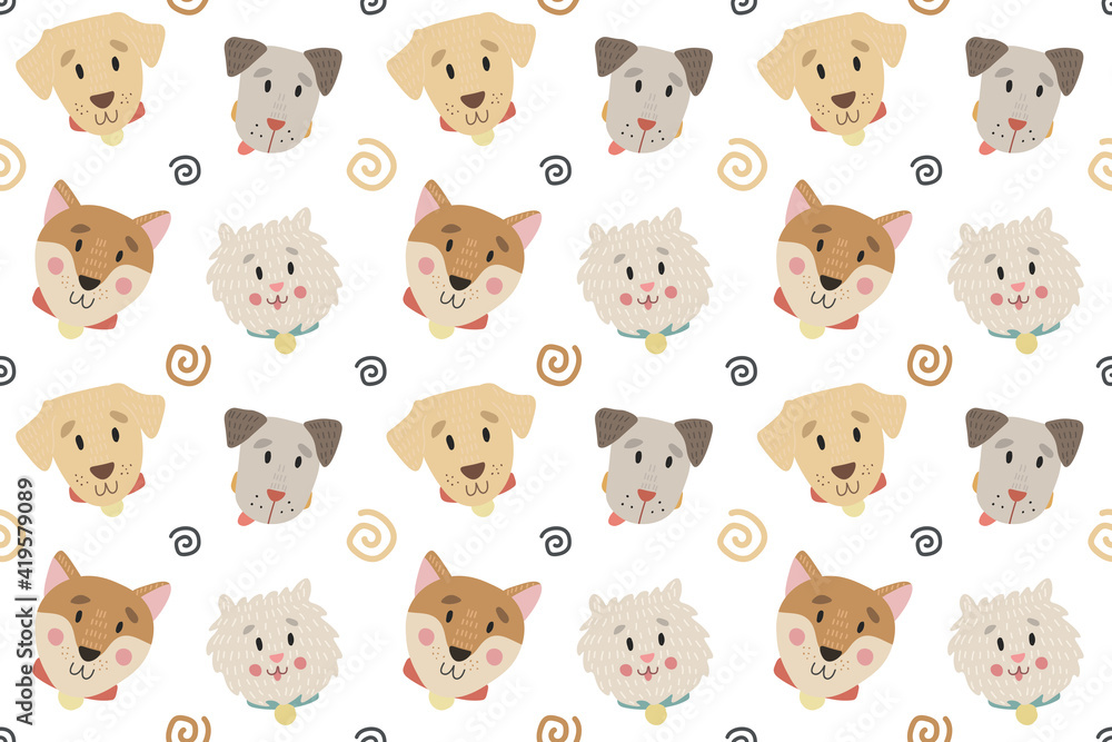 Dog pattern of different breeds of puppy. Cute baby decoration of cute ...