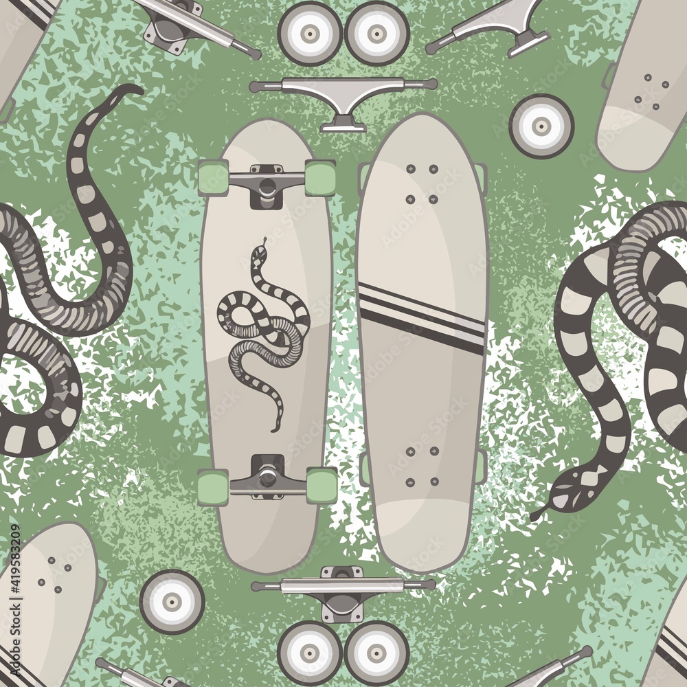 Vector seamless pattern skateboard with snake. Skateboard parts, wheels ...