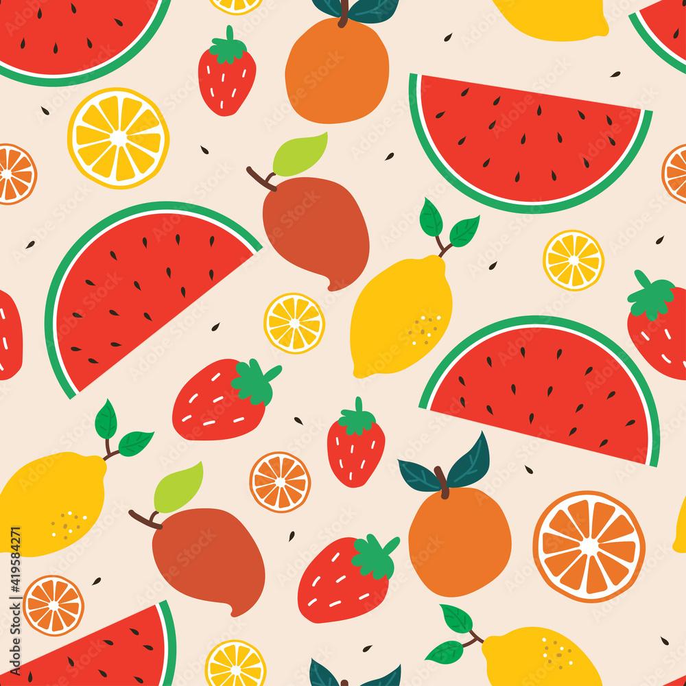 Seamless pattern with cute cartoon fruits for fabric print, textile ...
