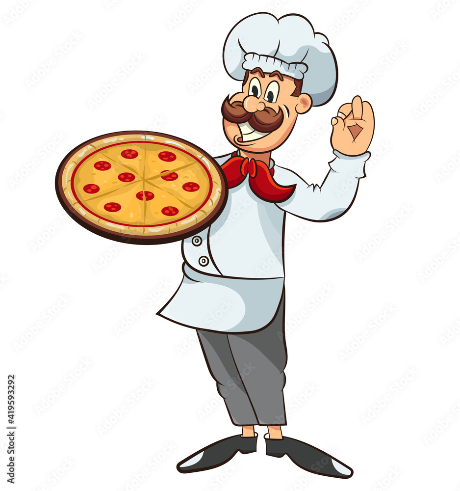 Happy cartoon comic style Italian chef with mustache and pizza ...